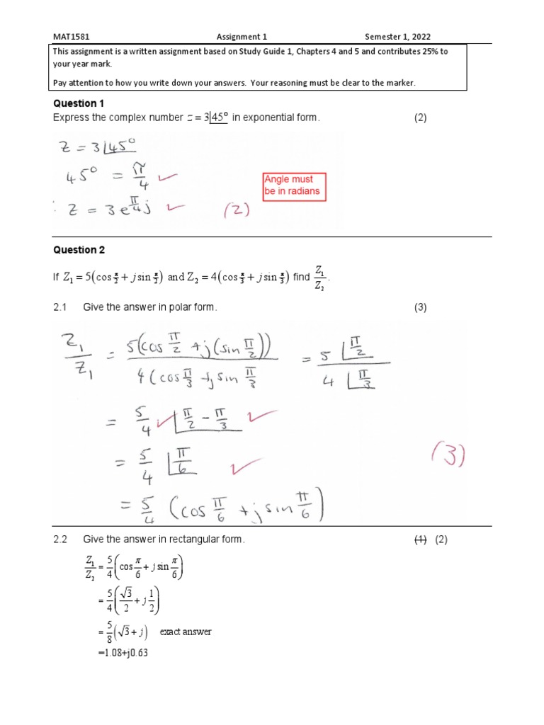 Solutions MAT1581 Assignment 2 Semester 1 2023 | PDF | Complex Number | Abstract Algebra