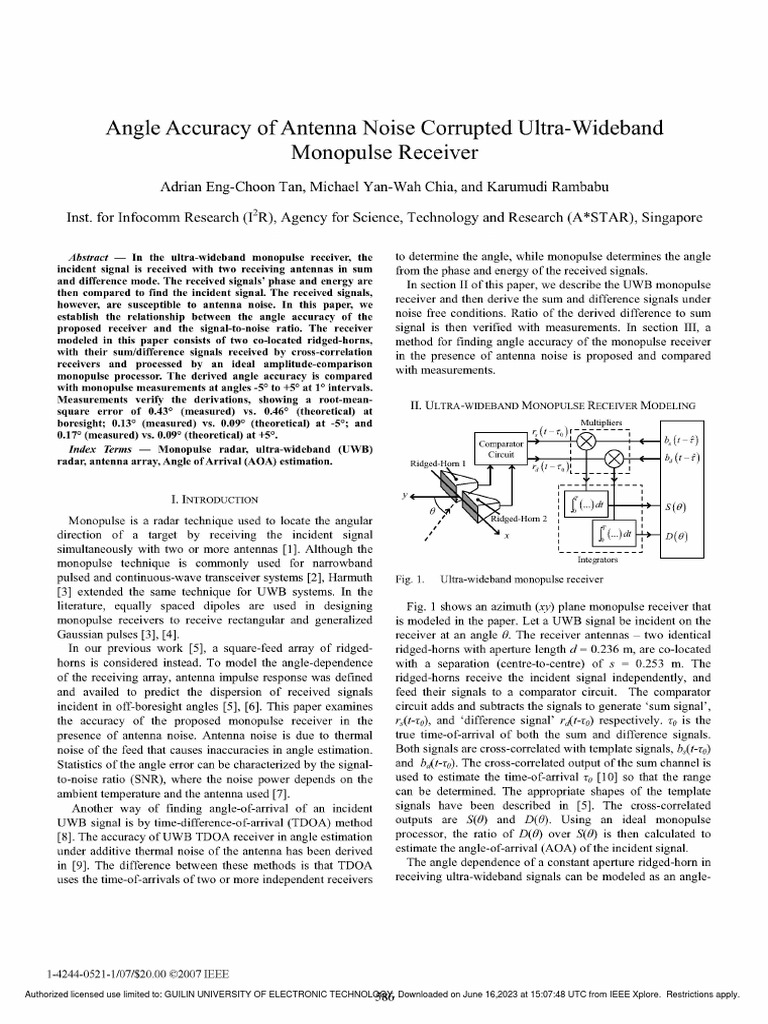 Angle Accuracy of Antenna Noise Corrupted Ultra-Wideband Monopulse ... Angle Accuracy of Antenna Noise Corrupted Ultra-Wideband Monopulse ...