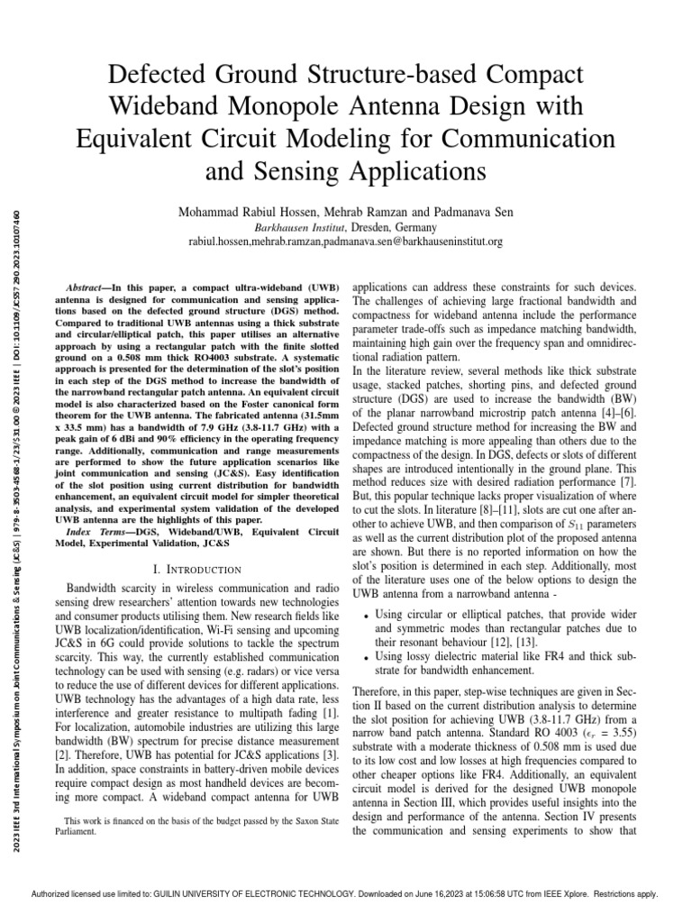 Defected Ground Structure Based Compact Wideband Monopole Antenna Design With Equivalent Circuit
