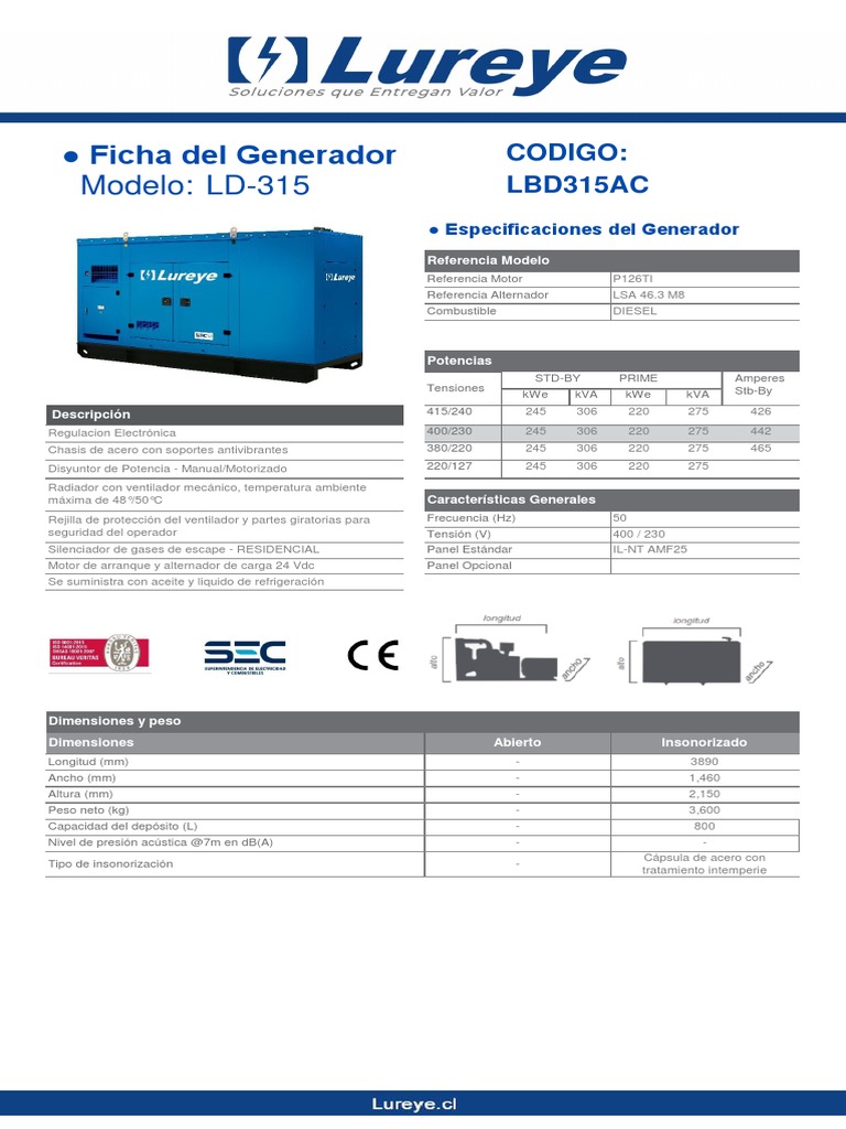 Anexo 06 - Ficha Técnica Grupo Generador Lureye | PDF | paquete general ...
