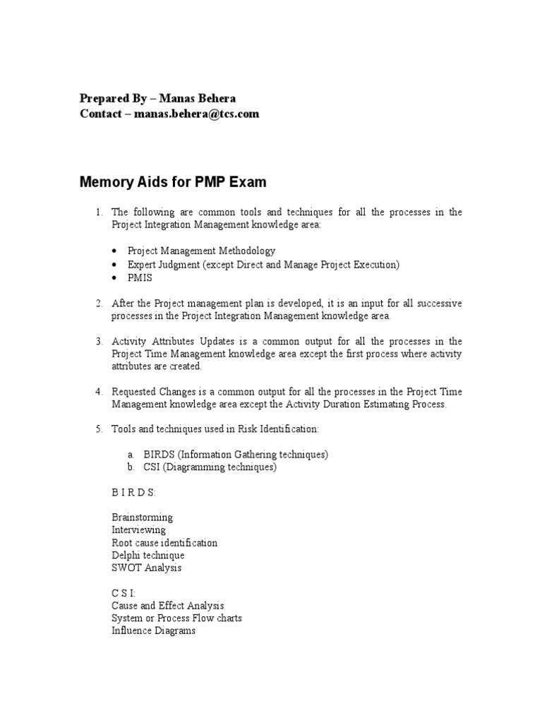 Memory Aids For PMP Exam | PDF | Risk Management | Risk