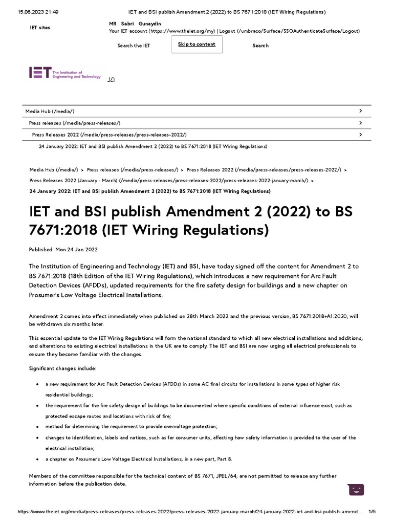 IET and BSI Publish Amendment 2 (2022) To BS 7671 - 2018 (IET Wiring Regulations) | PDF ...