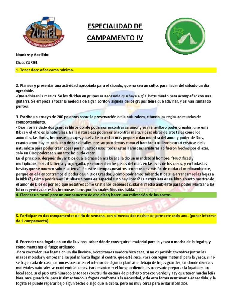 ESPECIALIDAD DE CAMPAMENTO IV Desarrollo | PDF | Agua | Alimentos