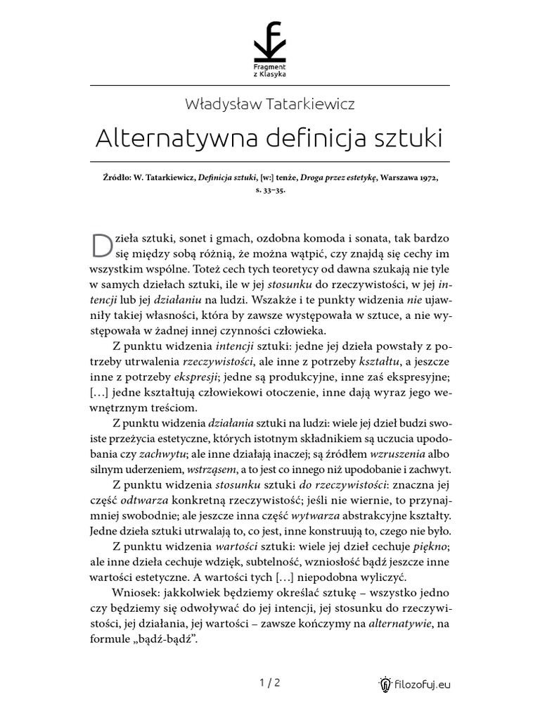 Wladyslaw Tatarkiewicz Alternatywna Definicja Sztuki | PDF