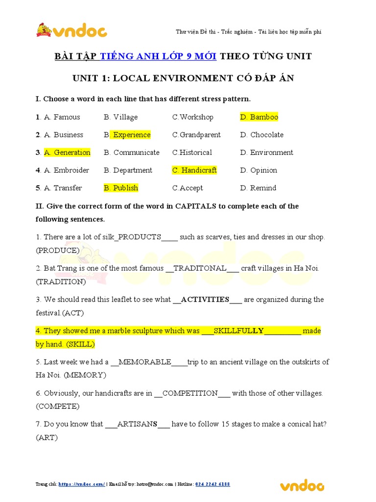 Bai Tap Nang Cao Tieng Anh Lop 9 Unit 1 Local Environment | PDF | Crafts