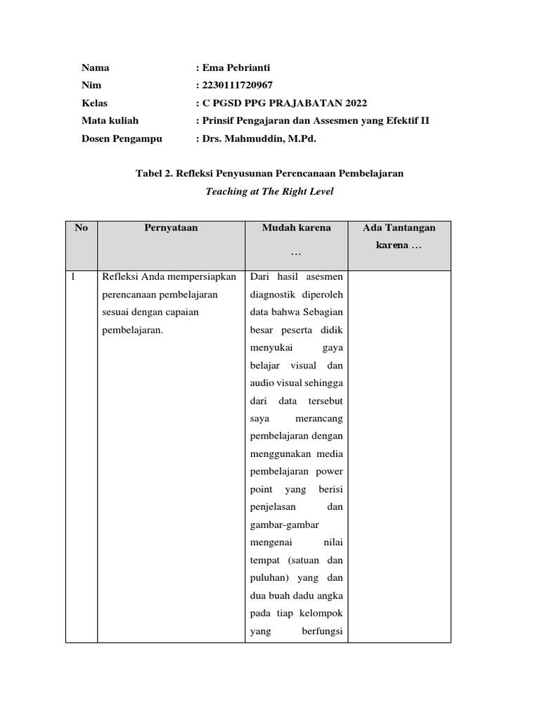 Tabel 2 Refleksi Penyusunan Perencanaan Pembelajaran Teaching at The Right Level - Ema Pebrianti ...