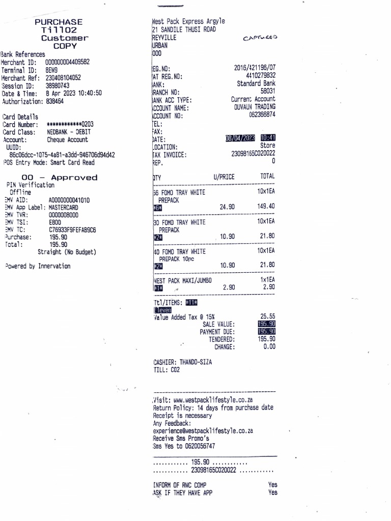 West Pack Purchase Receipt - April 2023 | PDF | Debit Card | Service ...