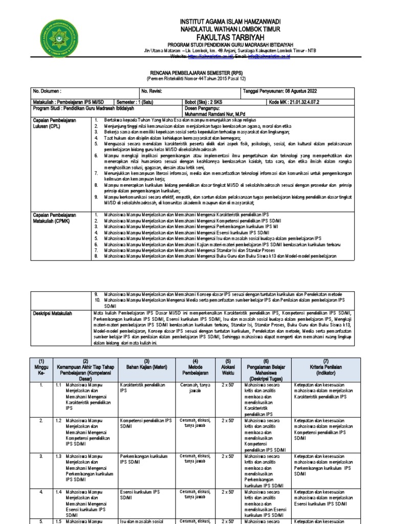 RPS Pembelajaran IPS MI | PDF