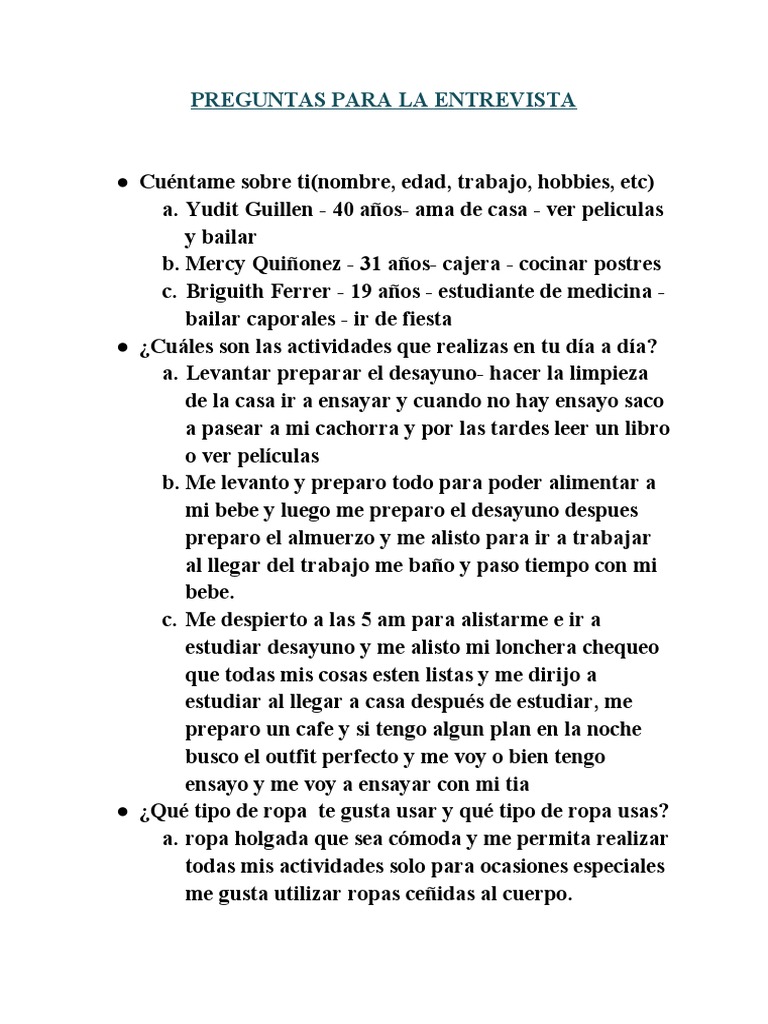 PREGUNTAS PARA LA ENTREVISTA | PDF | Ropa | Softlines (venta minorista)