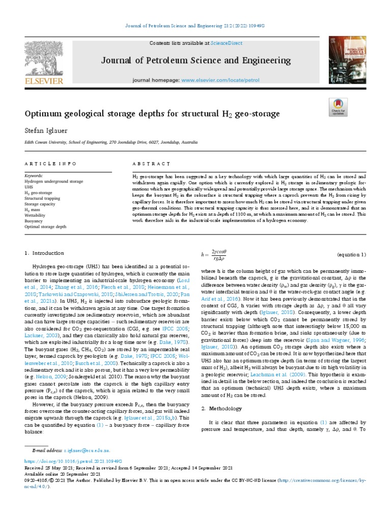 IGLAUER STEFAN 2022 Optimum Geological Storage Depths For Structural H2 ...