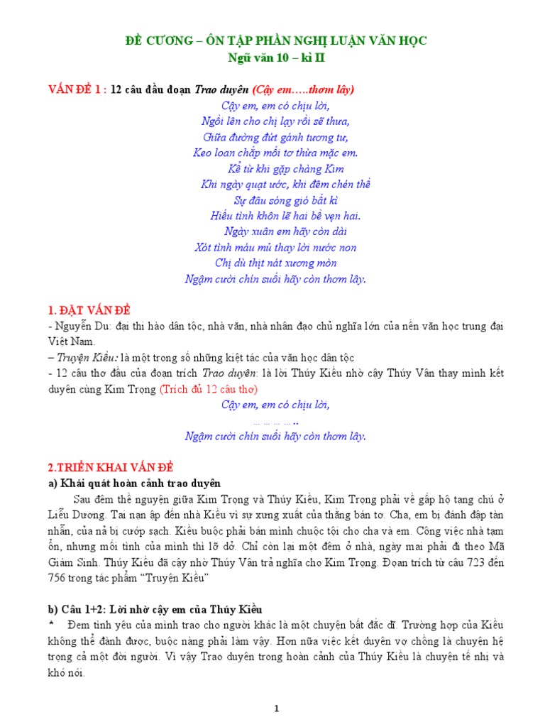 E CUONG OT HK2 - Ngu Van 10 - Phan NLVH 1 | PDF