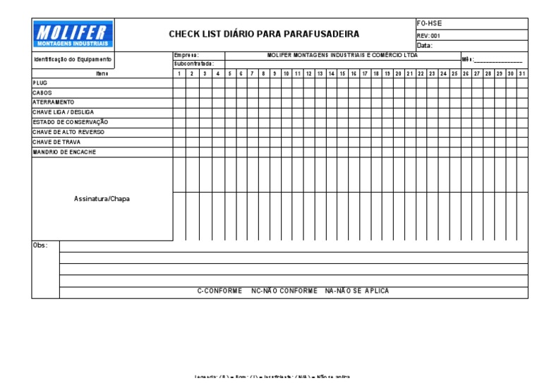 Check List Diário para PARAFUSADEIRA | PDF
