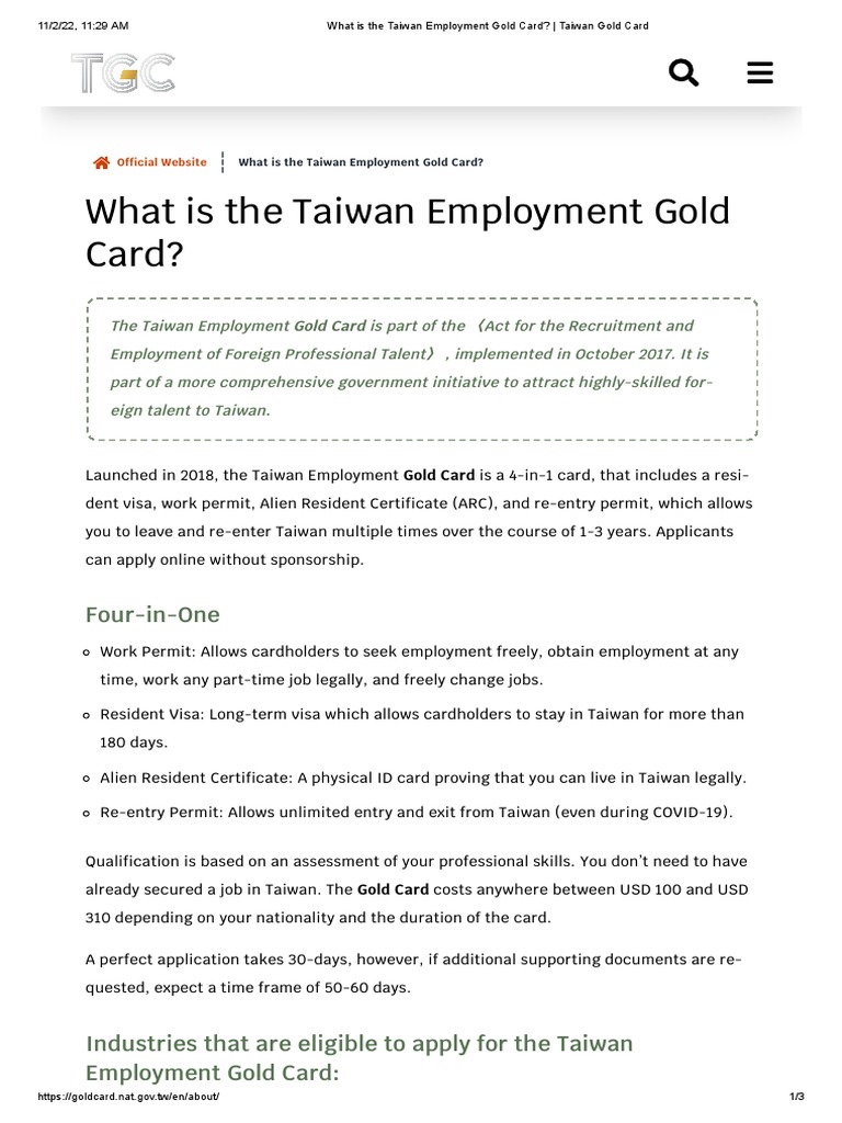 01.what Is The Taiwan Employment Gold Card - Taiwan Gold Card | PDF ...