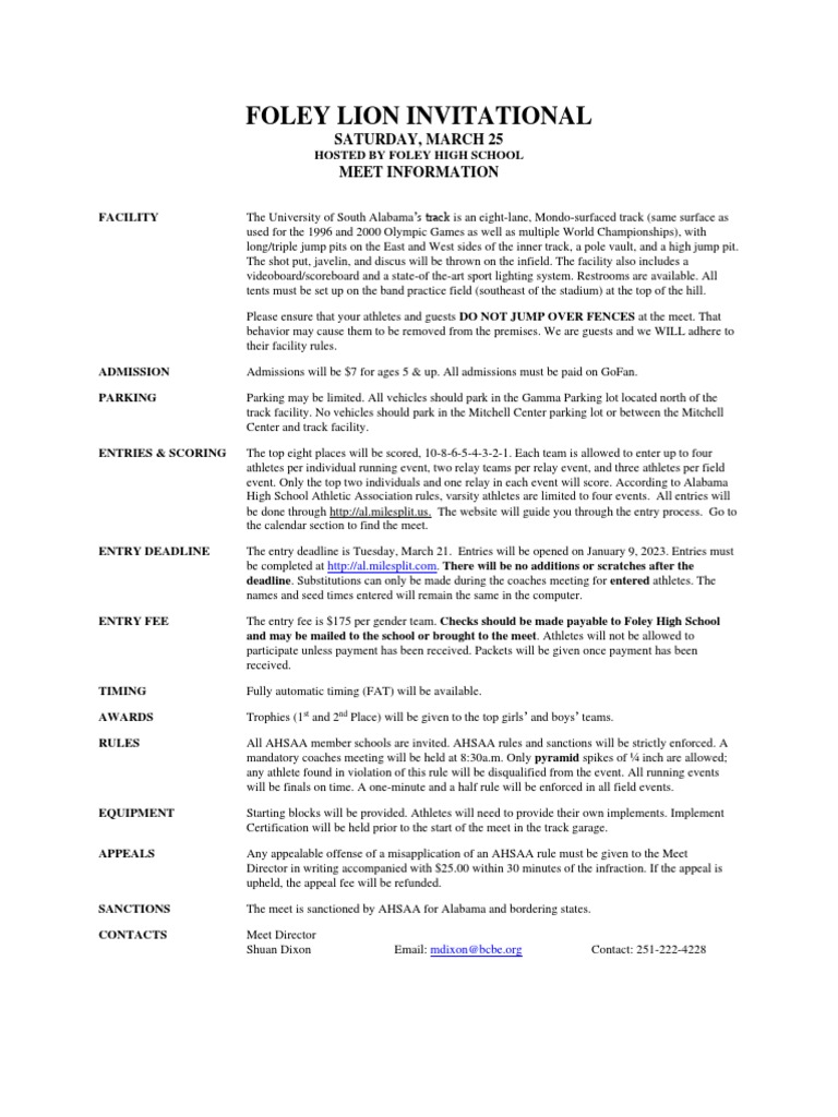 Foley Lion Invitational Rev. 1 | PDF | Track And Field | Games Of ...