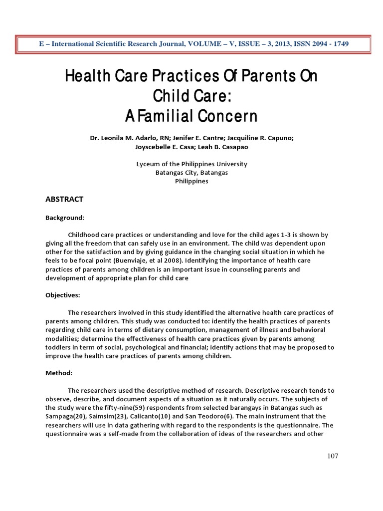 Health Care Practices of Parents On Child Care | PDF