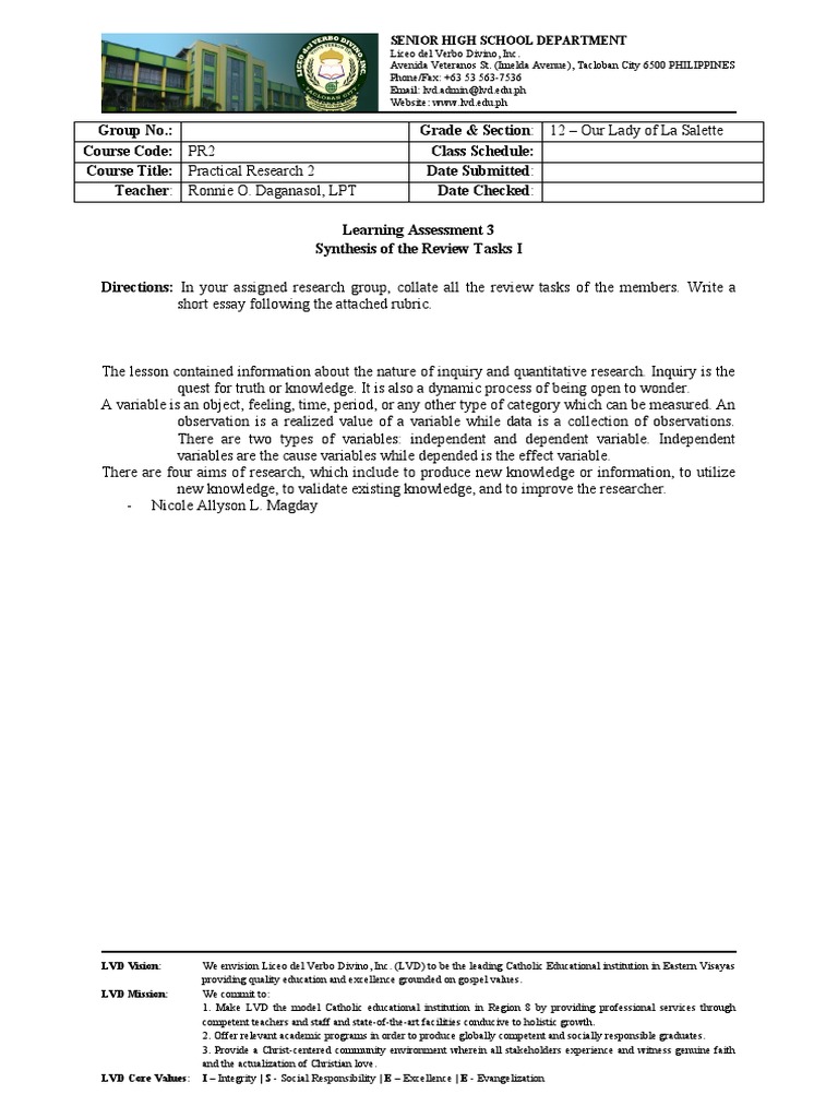 Learning Assessment 3 - Synthesis of Review Task I | PDF