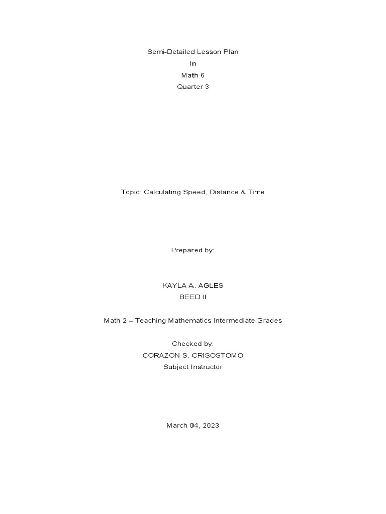 Grade 6 Math Lesson Plan | PDF | Speed | Distance