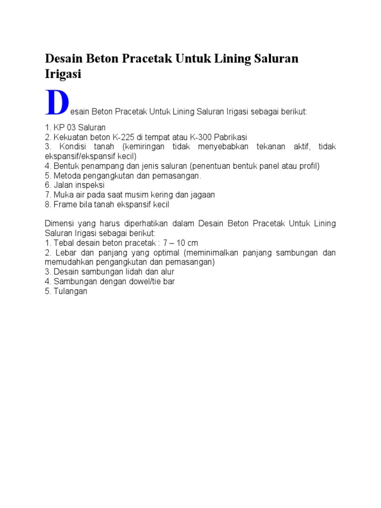 Desain Beton Pracetak Untuk Lining Saluran Irigasi | PDF