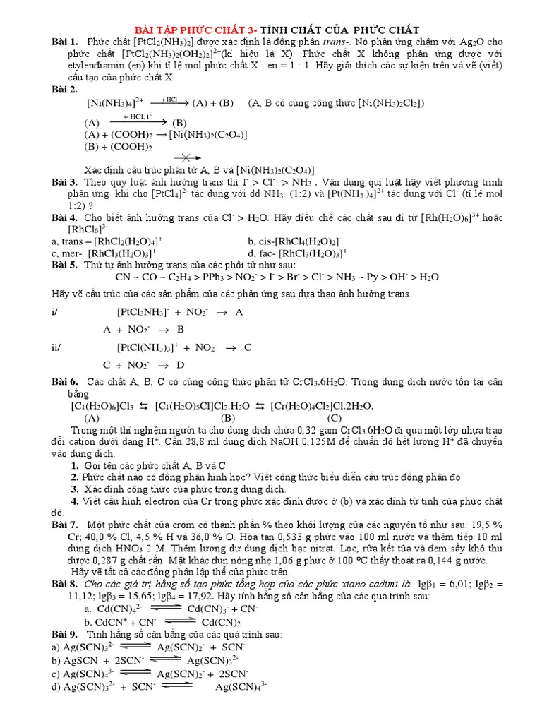 Theo Quy Luật Ảnh Hưởng Trans Thì I > Cl > Nh Viết Phương Trình Phản Ứng Khi Cho (Ptcl) Tác Dụng ...