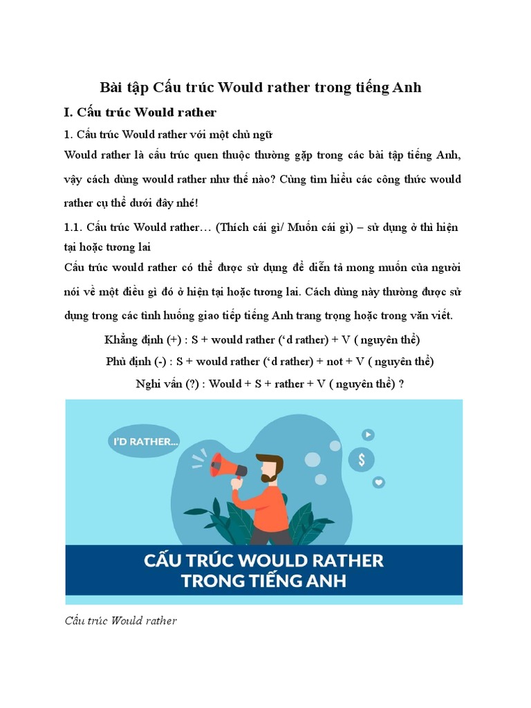 50 Bai Tap Cau Truc Would Rather Trong Tieng Anh Co Dap An Chi Tiet | PDF