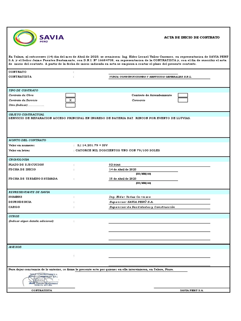 Actas de Inicio Recepcion y Liquidacion Savia 082 | PDF