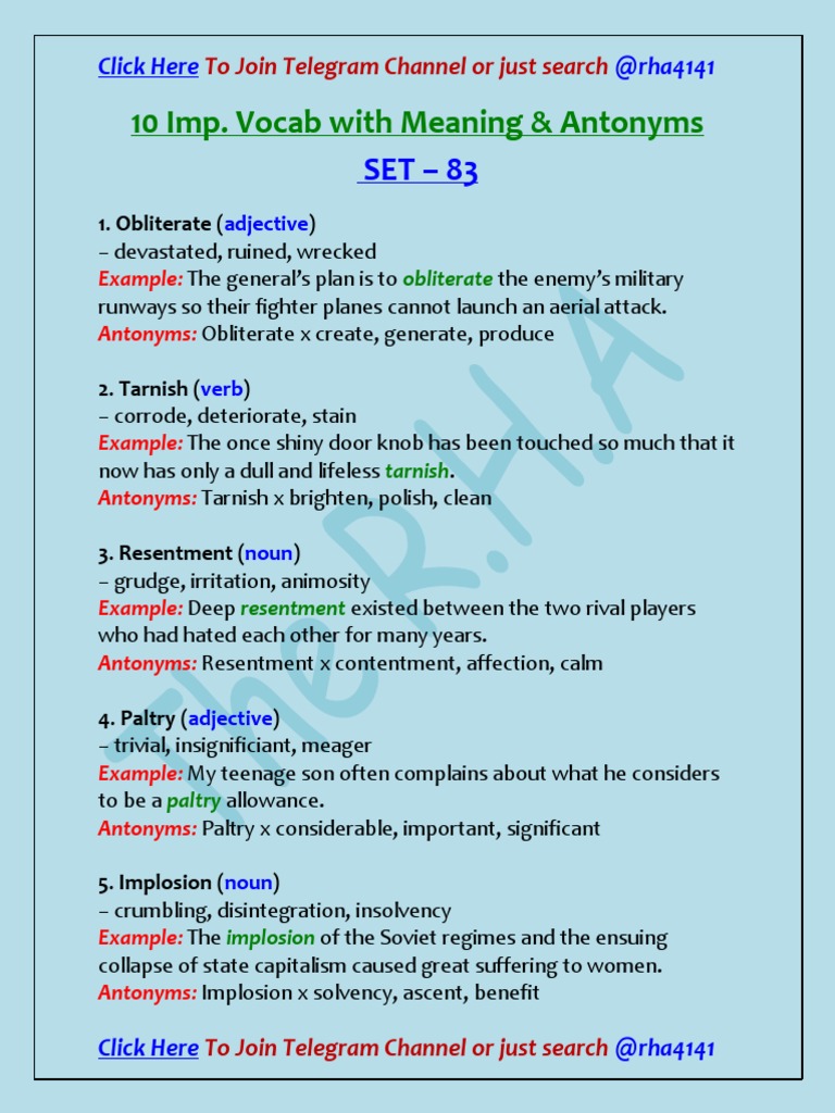 10 Imp. Vocab With Meaning & Antonyms Set 83 | PDF