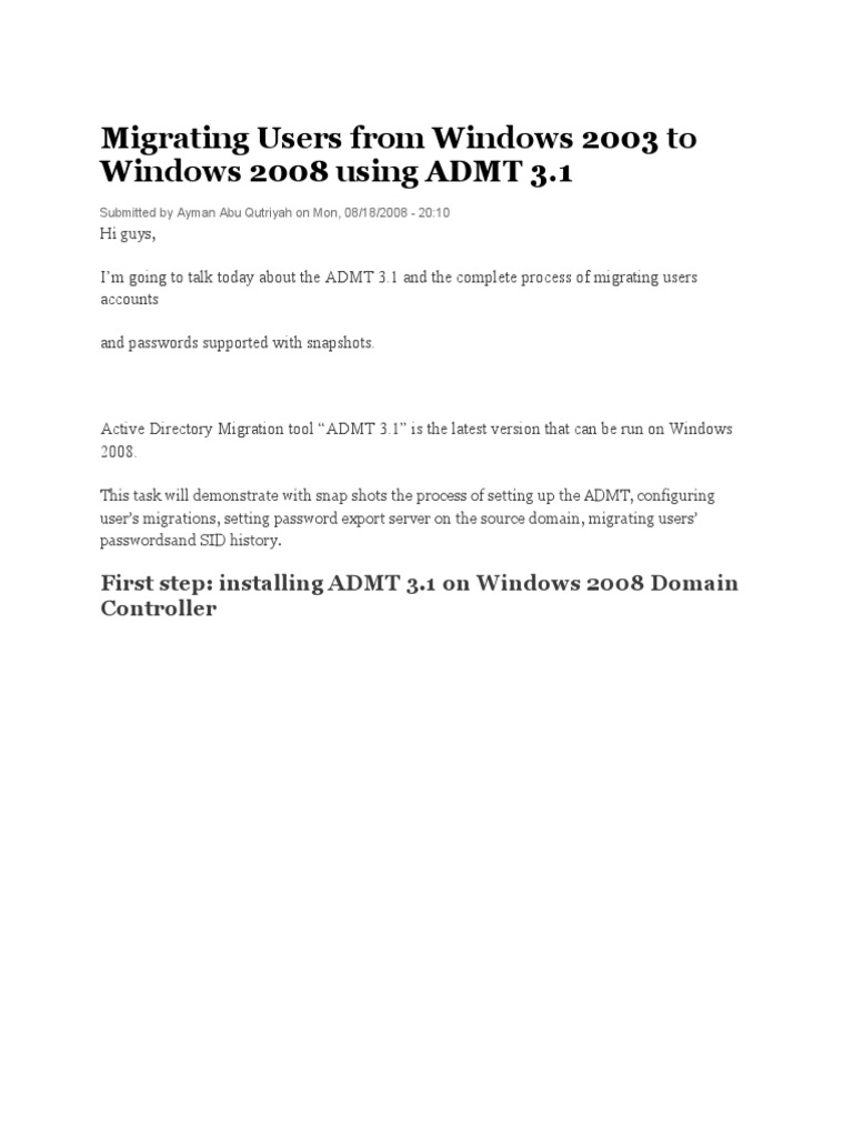 Migrating Users From Windows 2003 To Windows 2008 Using ADMT 3 | PDF ...
