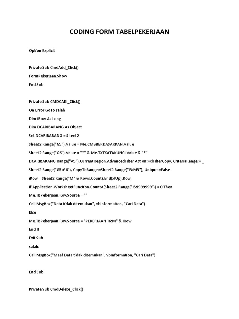 Coding Form Tabelpekerjaan | PDF | Pemrograman Komputer | Manajemen Teknologi Informasi