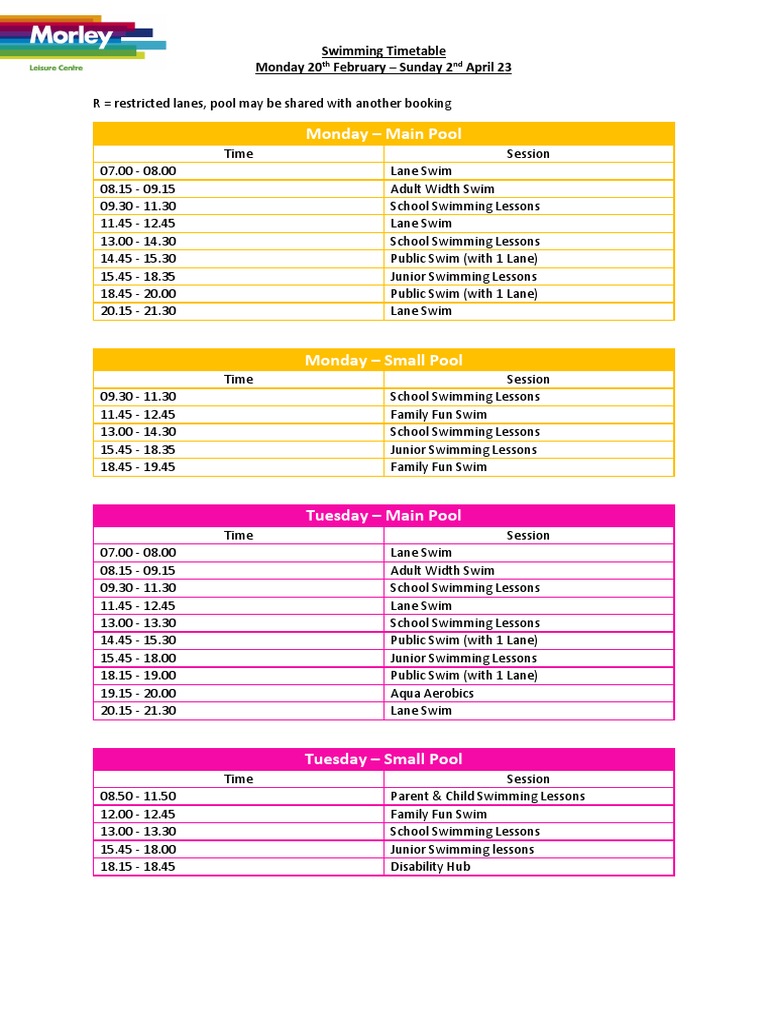 Morley Pool Timetable 20 Feb - 2 April 23 | PDF | Swimming