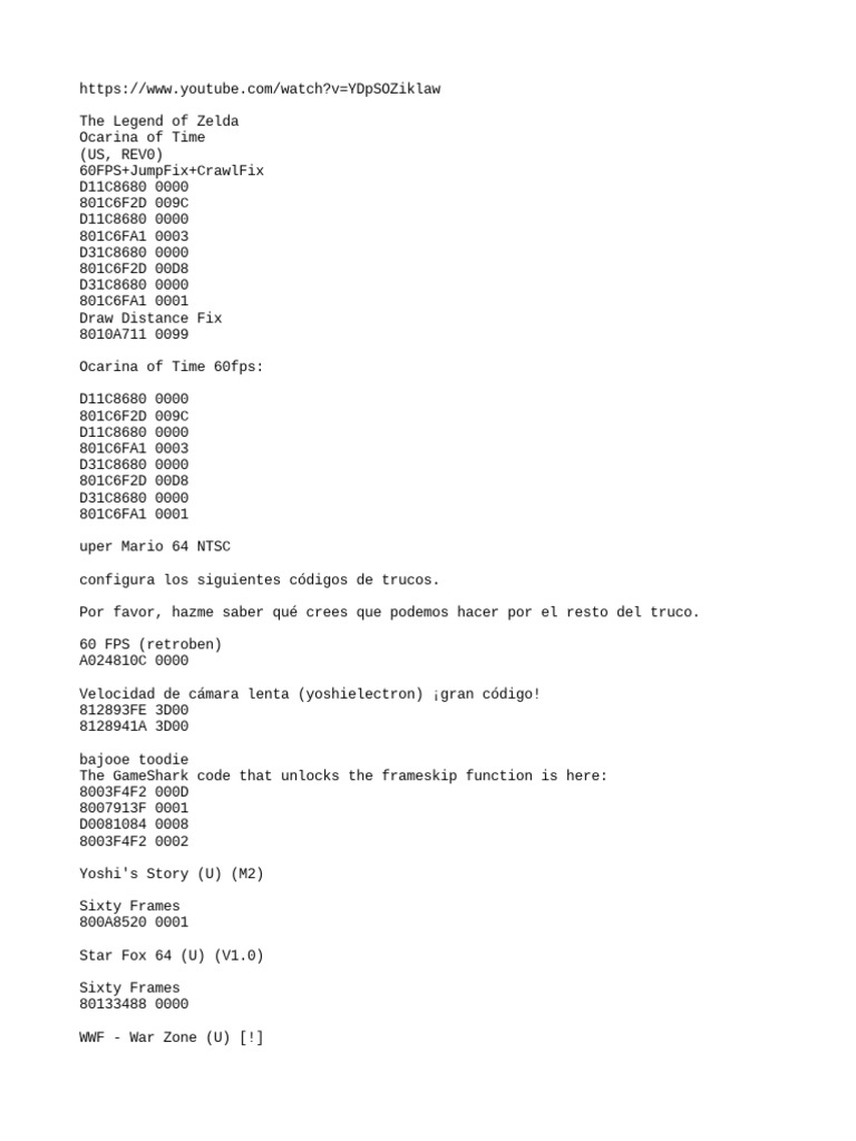 Cheats 60 Fps Nintendo 64 | PDF