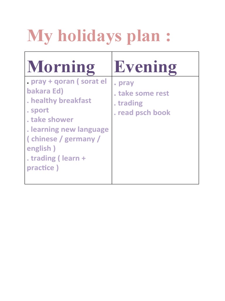 Daily Holiday Routine Plan | PDF | Language Arts & Discipline