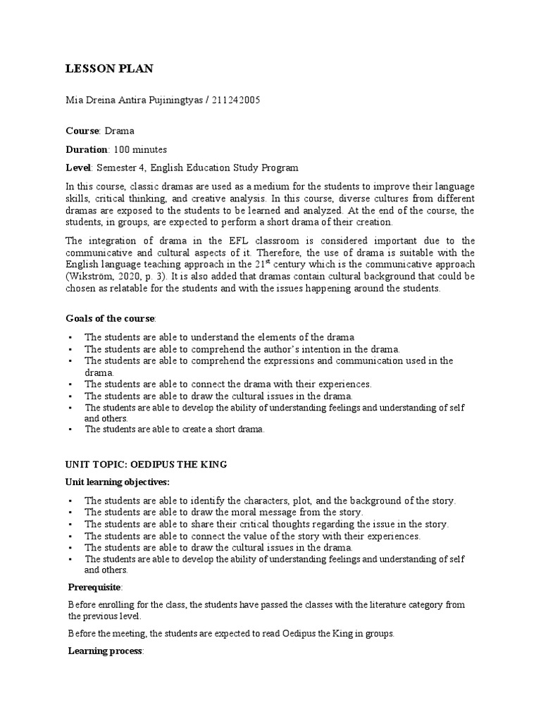 A Lesson Plan For Literature Class - Oedipus The King | PDF | Lesson ...