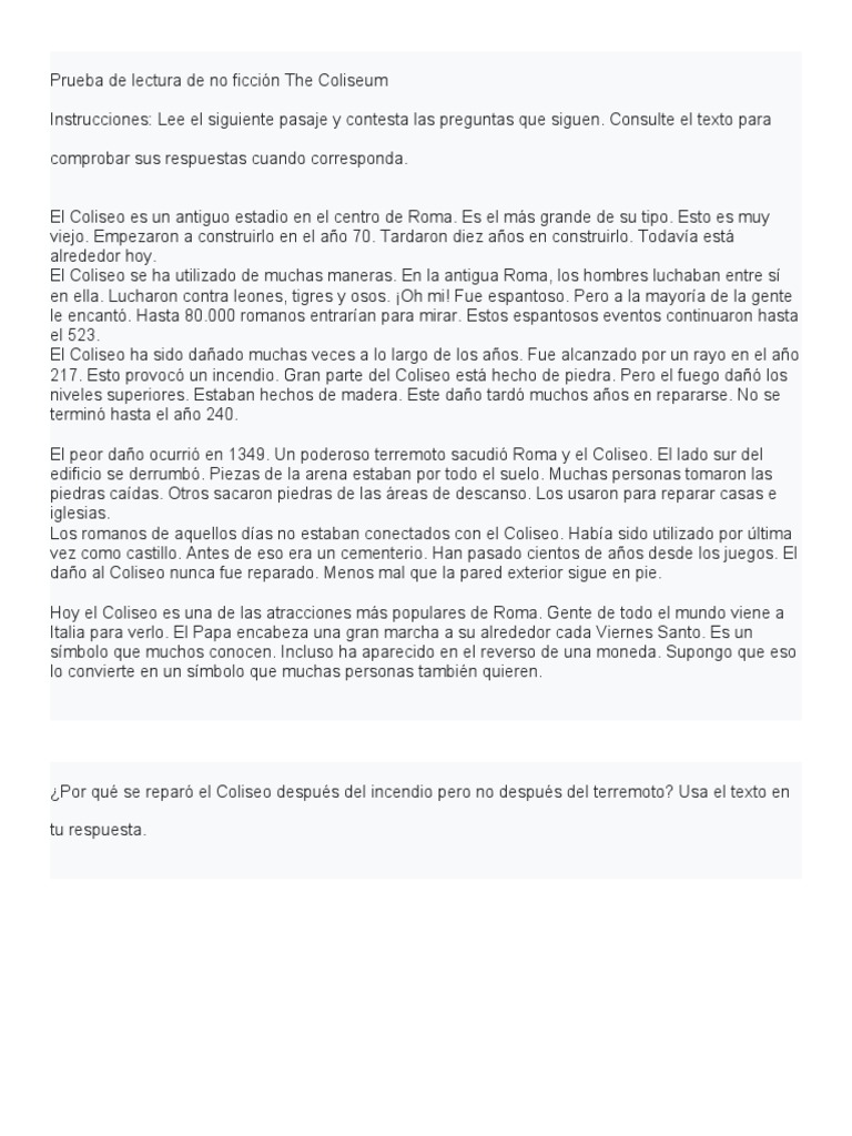 Prueba de Lectura de No Ficción The Coliseum | PDF