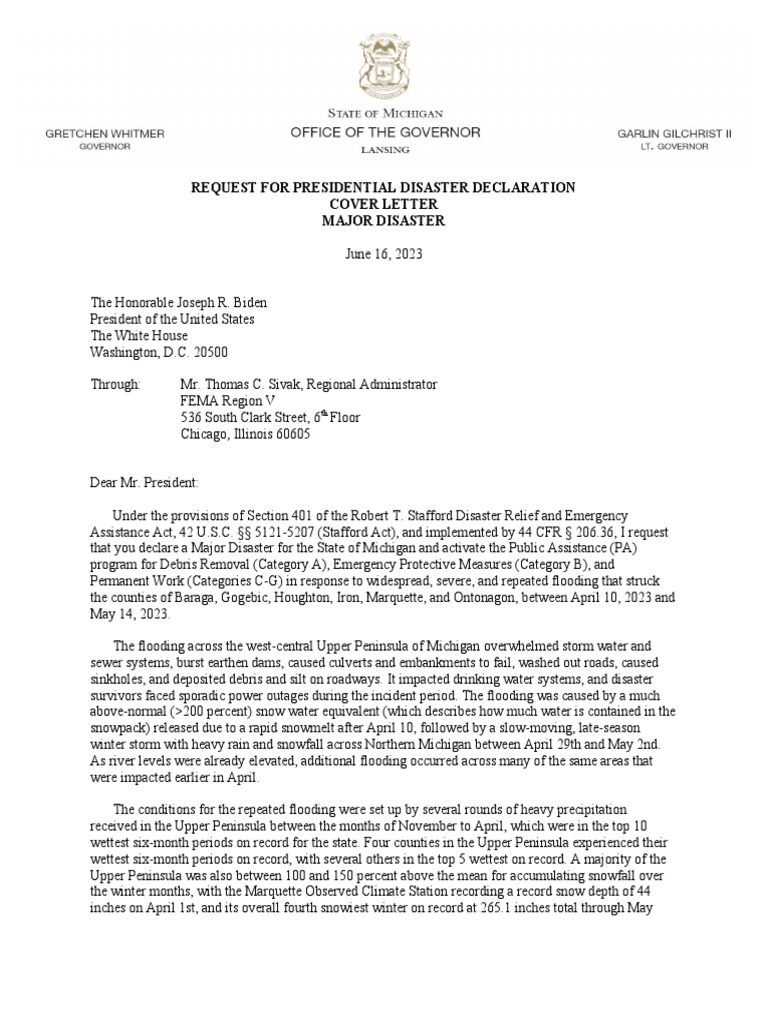 MI Request - Presidential Declaration - Cover.letter | PDF | Emergency ...