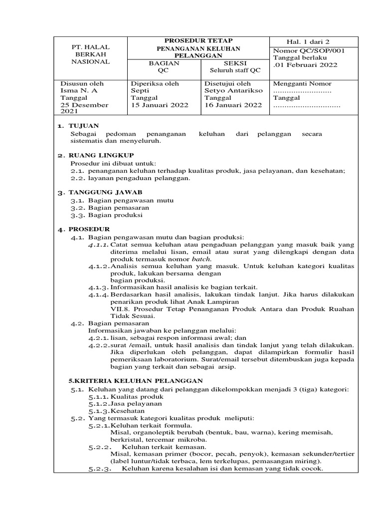 12.1 Protap Penanganan Keluhan Produk Dan Catatanya | PDF