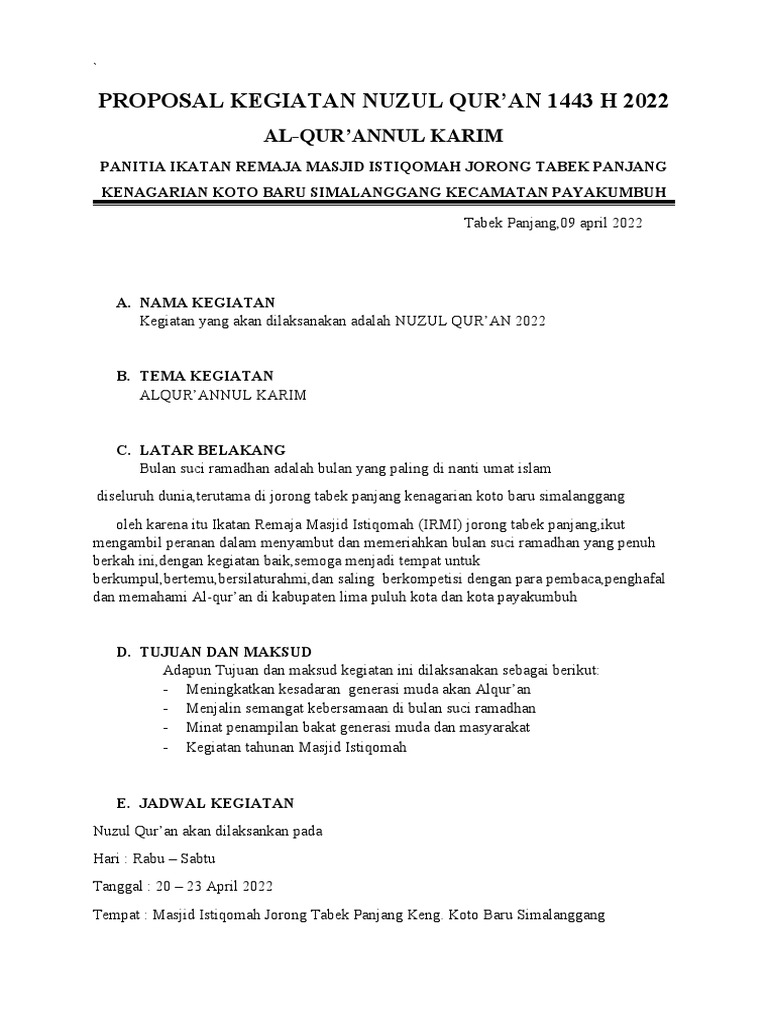 Proposal Nuzul Qur'an 2022 | PDF