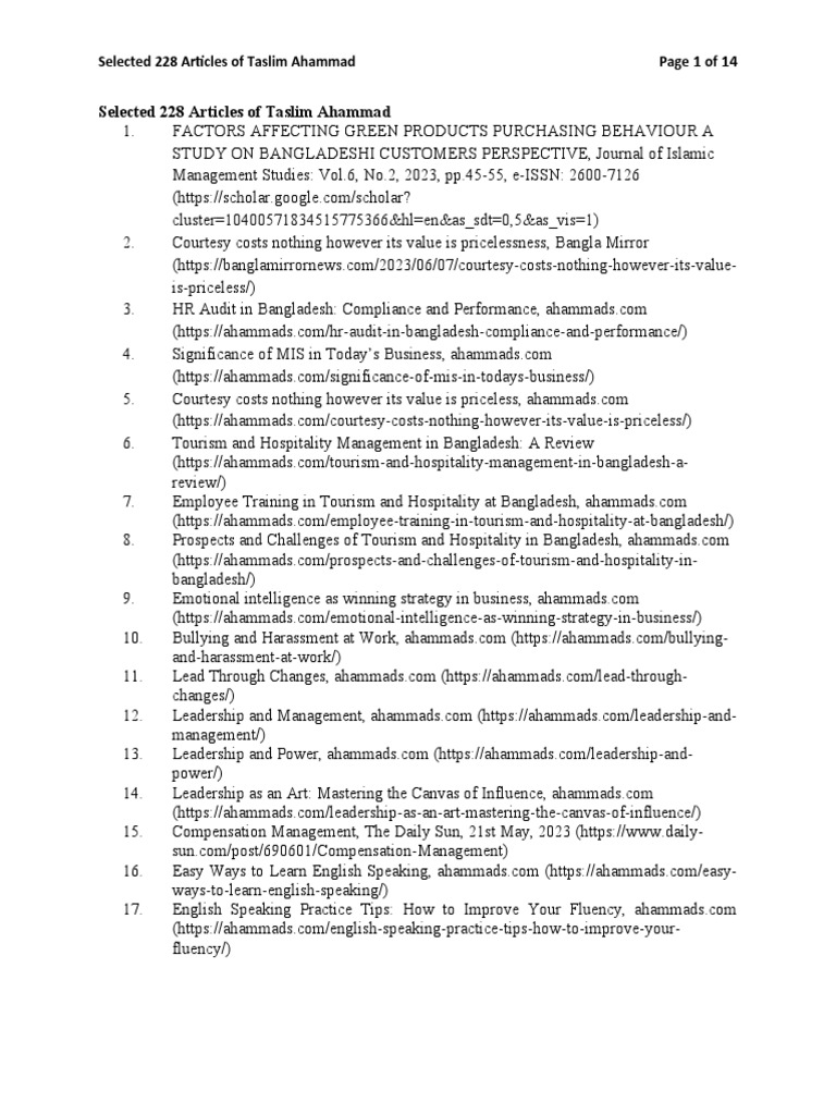 228 Selected Articles of Taslim Ahammad | PDF | Human Resource Management | Bangladesh