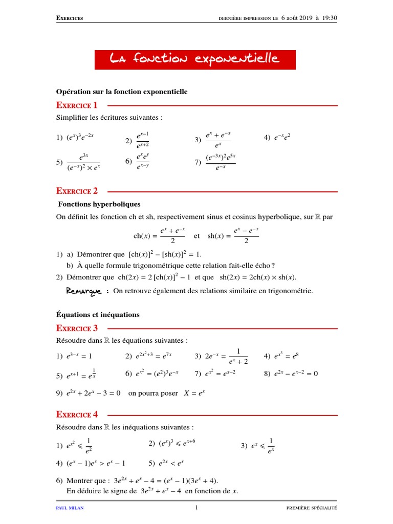 Fonction Exponentielle Première Exercices | PDF