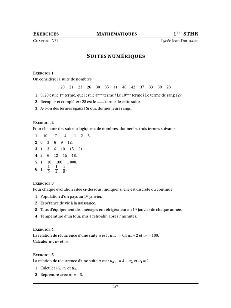 Exercices sur les suites numériques 1ère STHR | PDF | Mathématiques