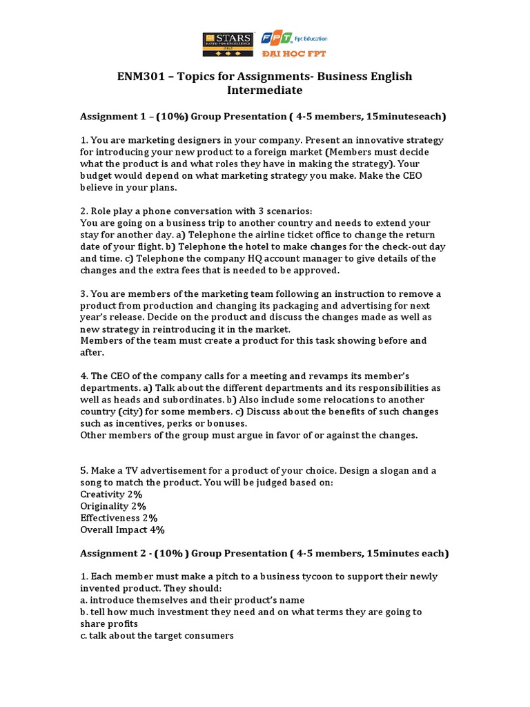 ENM 301 - Topics For Assignments | PDF | Business | Mass Media