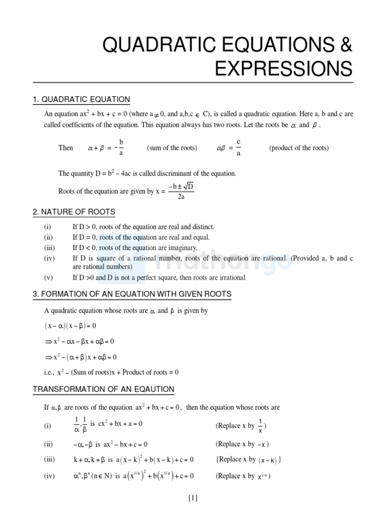 Quadratic Equation - Formula Sheet - MathonGo | PDF | Quadratic ...