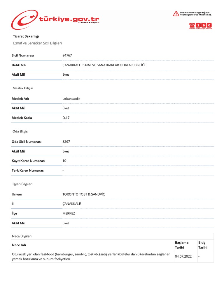 Ticaret Bakanlığı - Esnaf Ve Sanatkar Sicil Bilgileri | PDF