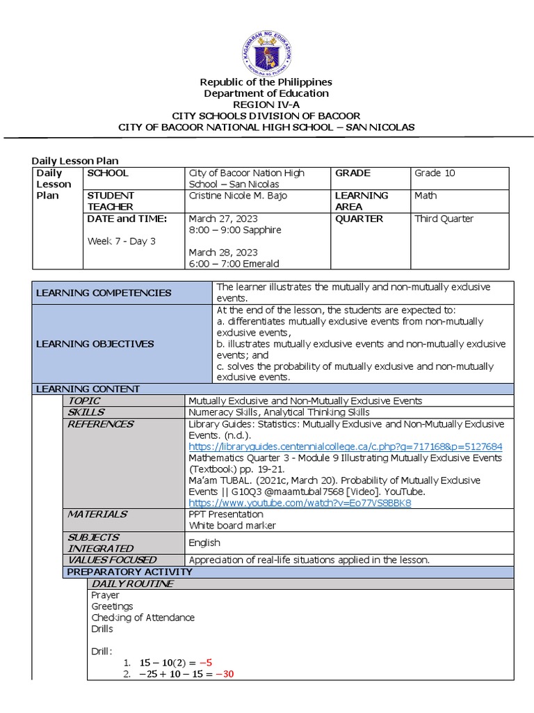 Grade 10 Math Lesson Plan: Probability | PDF | Probability | Blood Donation