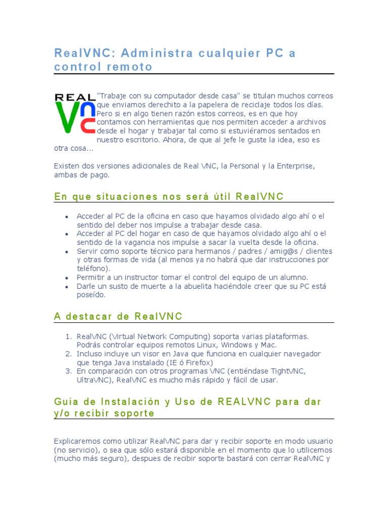 Real VNC | PDF | Software utilitario | Protocolos de capa de red