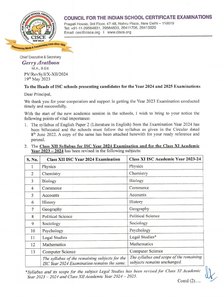 Class XII Syllabus For ISC Year 2024 Examination and For The Class XI ...