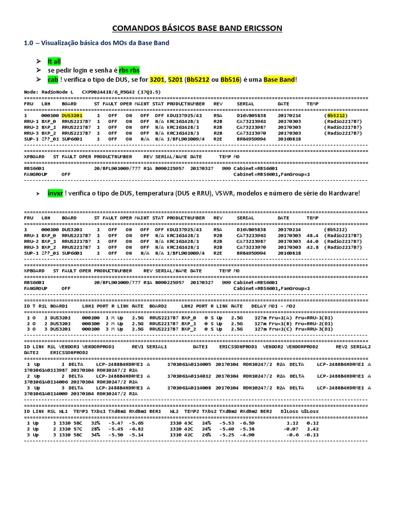 Comandos Basicos Base Band ERICSSON - Cleaned | PDF