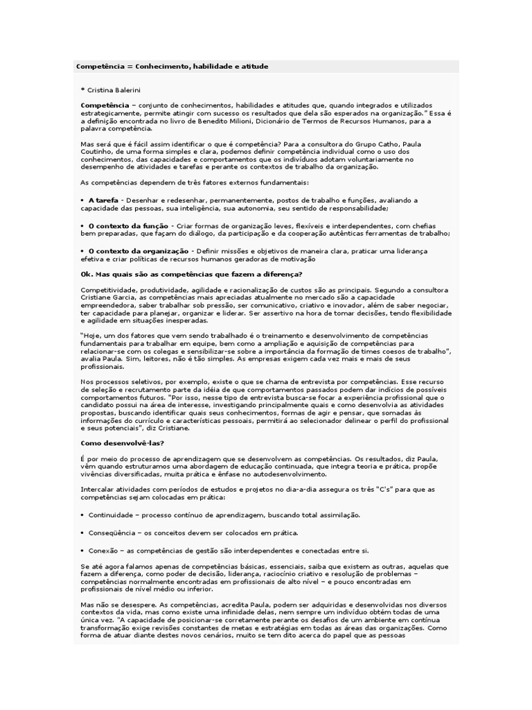 Competência Conhecimento, Habilidade e Atitude | PDF | Competência (Recursos Humanos) | Gestão ...