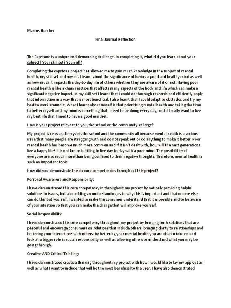 Capstone Final Journal Reflection | PDF | Thought | Mental Health