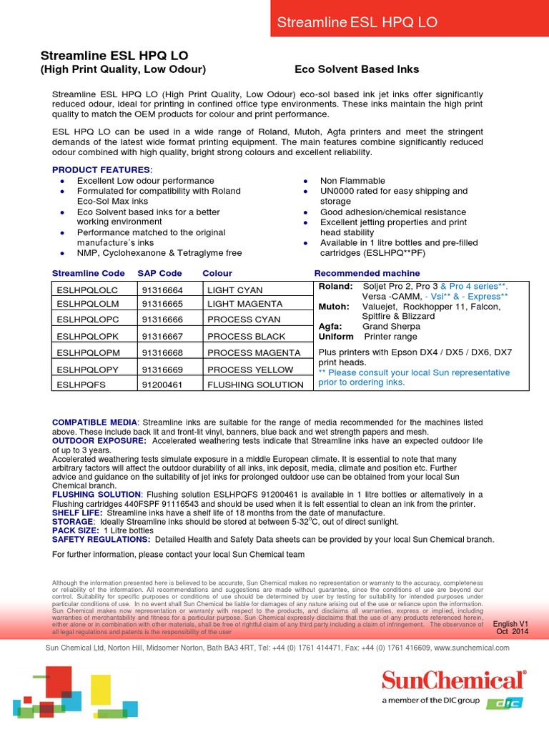 TDS ESL HPQ LO-1litre PDS | PDF | Shelf Life | Printer (Computing)