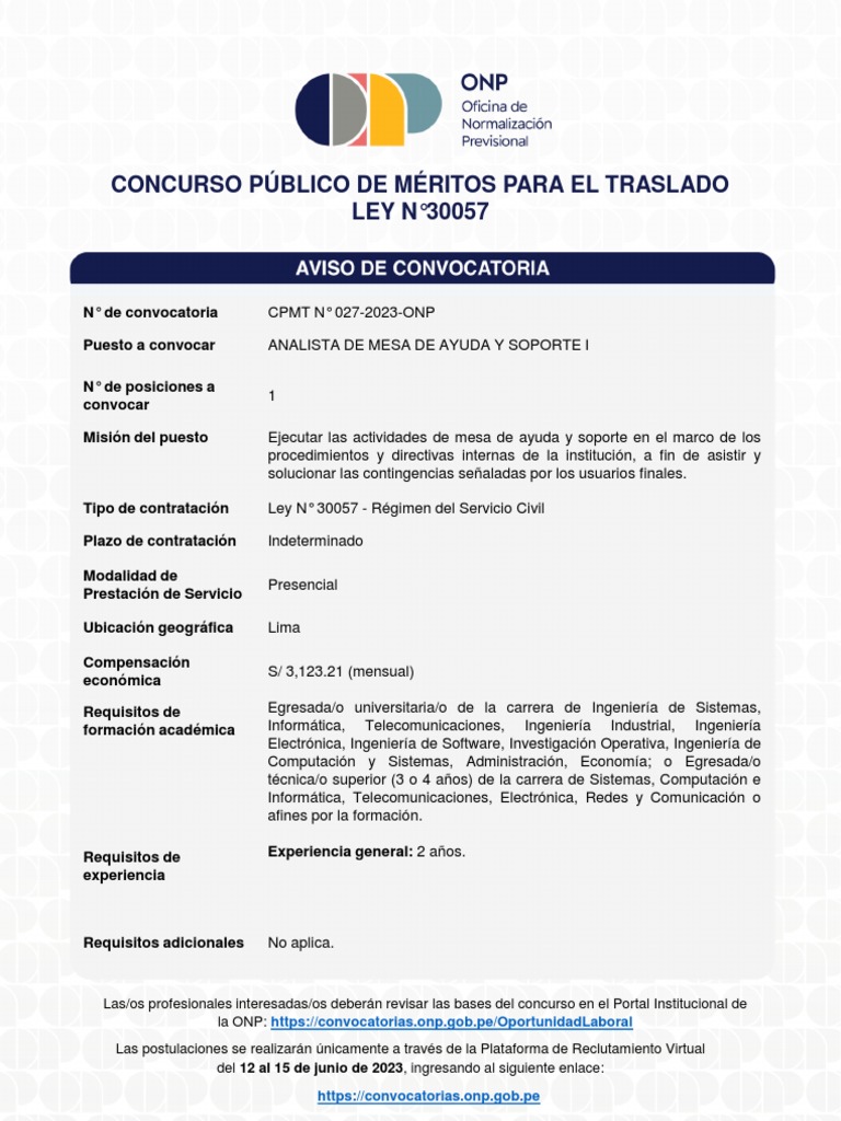 Bases CPMT 027 2023 Onp | PDF | Evaluación | Derecho laboral
